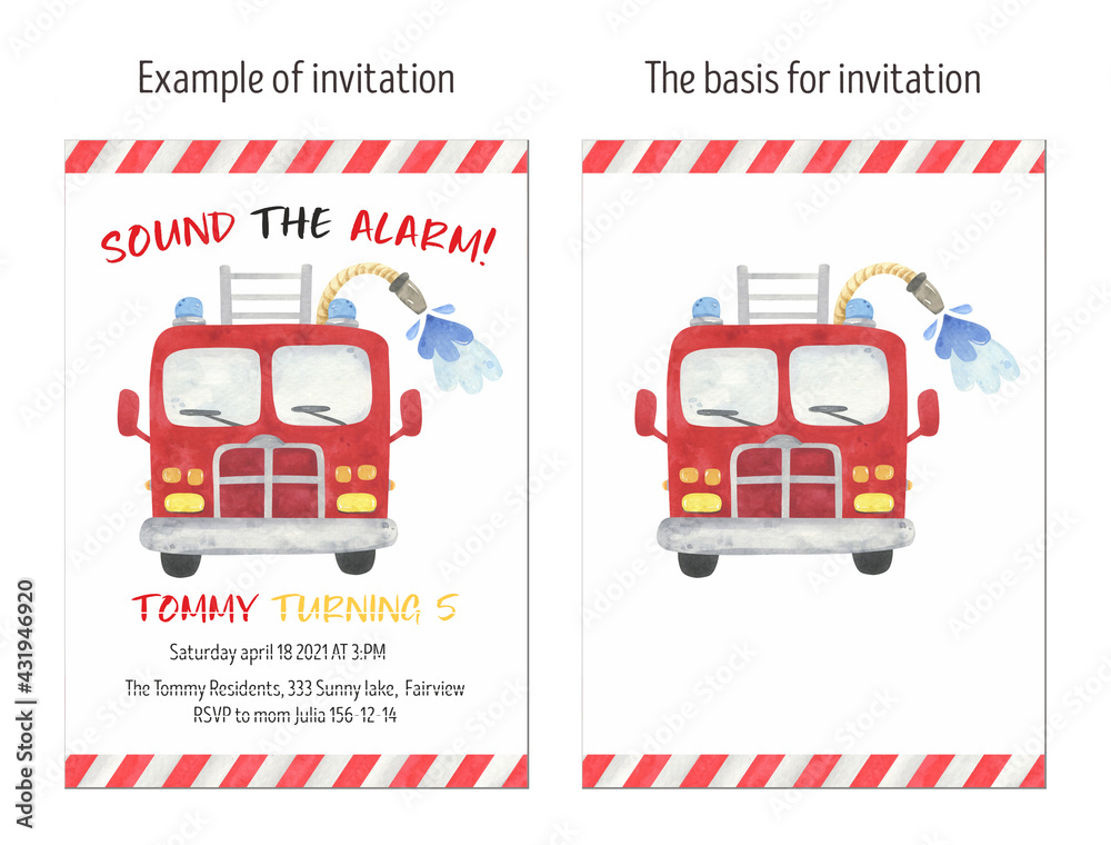 Watercolor Fire Department and Fire truck invitation card, layout ...