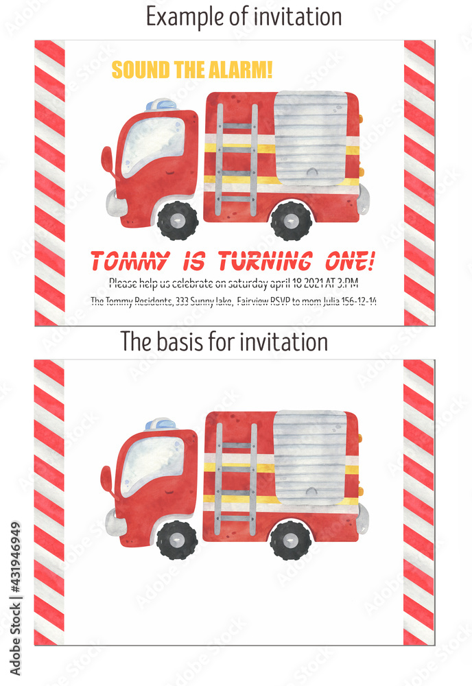 Watercolor Fire Department and Fire truck invitation card, layout ...