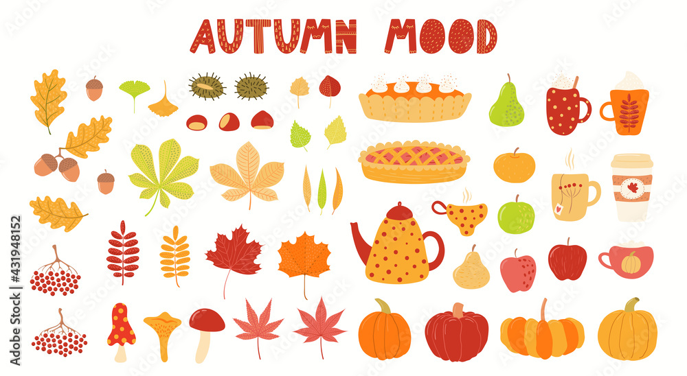 Autumn elements clipart set, leaves, berries, food, apple, pumpkin ...