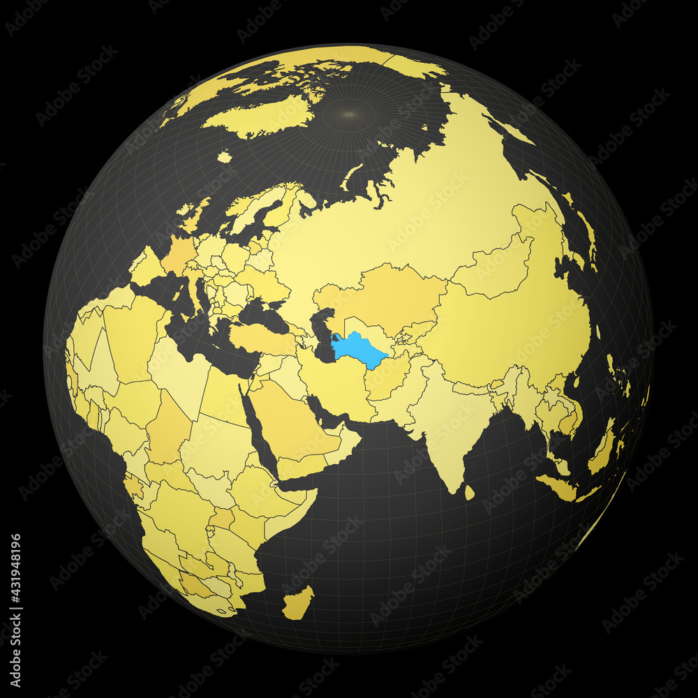 Turkmenistan on dark globe with yellow world map. Country highlighted ...