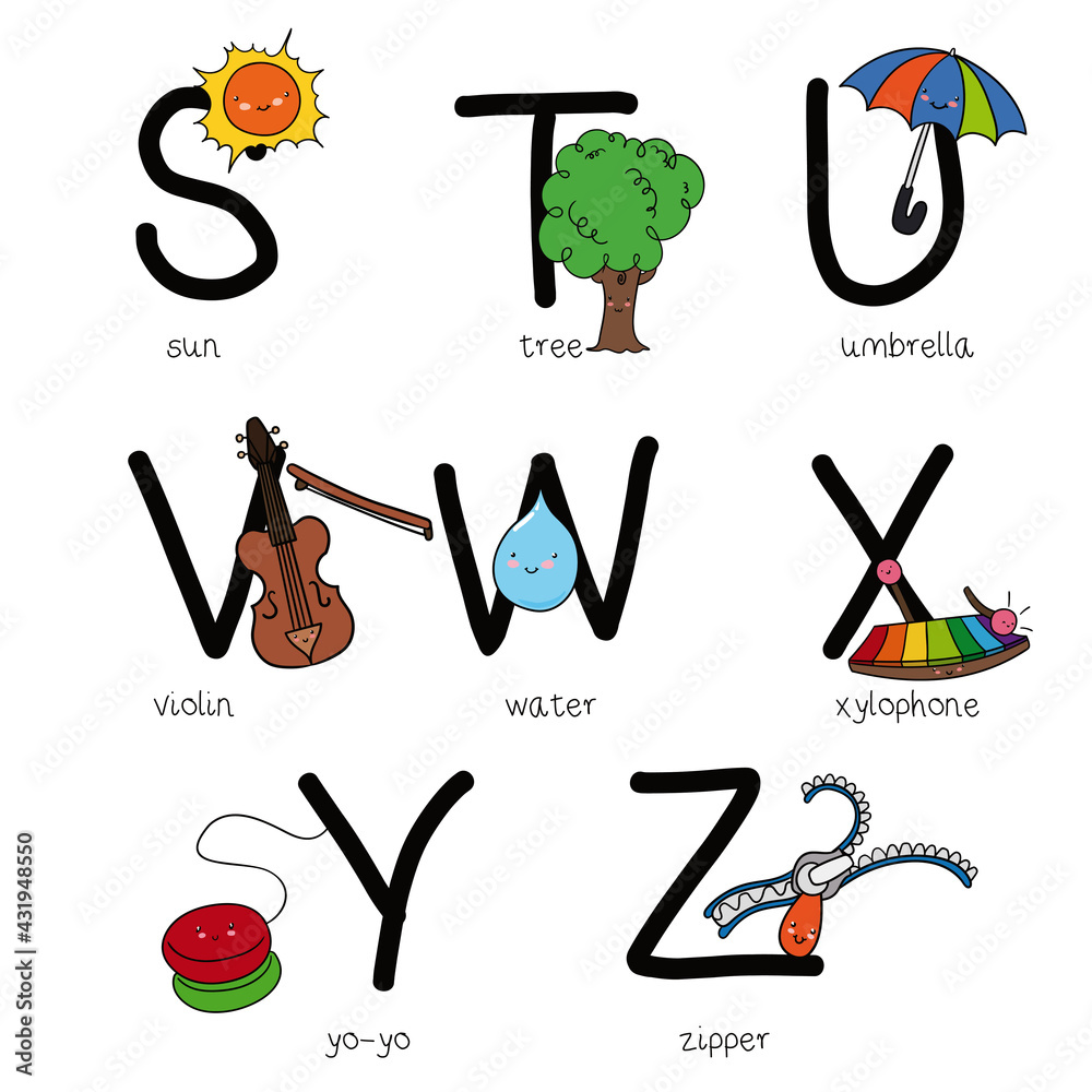 Alphabet with Cute Objects like Examples from S to Z, Vector ...