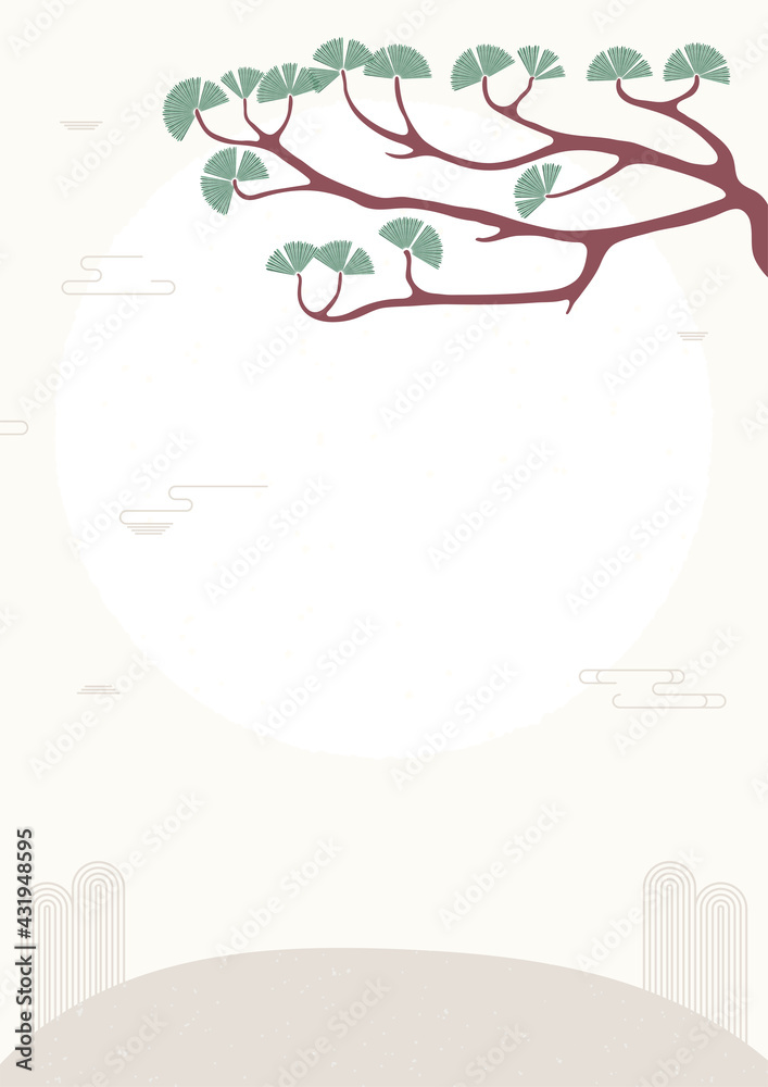 Traditional Asian background, pine tree branch, sun, clouds, copy space ...