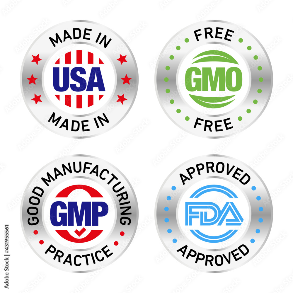 Four product badges, made in USA, GMO free, Good manufacturing practice ...