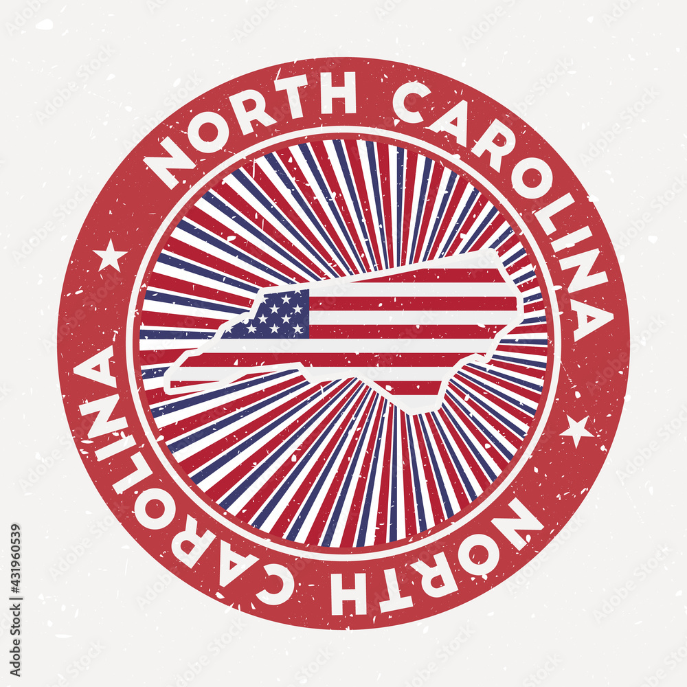 North Carolina round stamp. Logo of us state with flag. Vintage badge ...