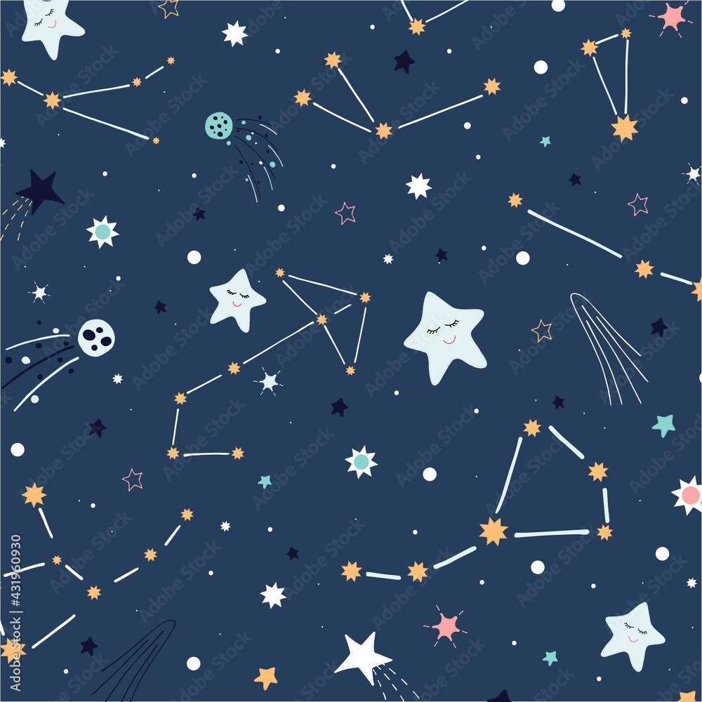 Kids illustration with stars on dark night background. Cute characters ...