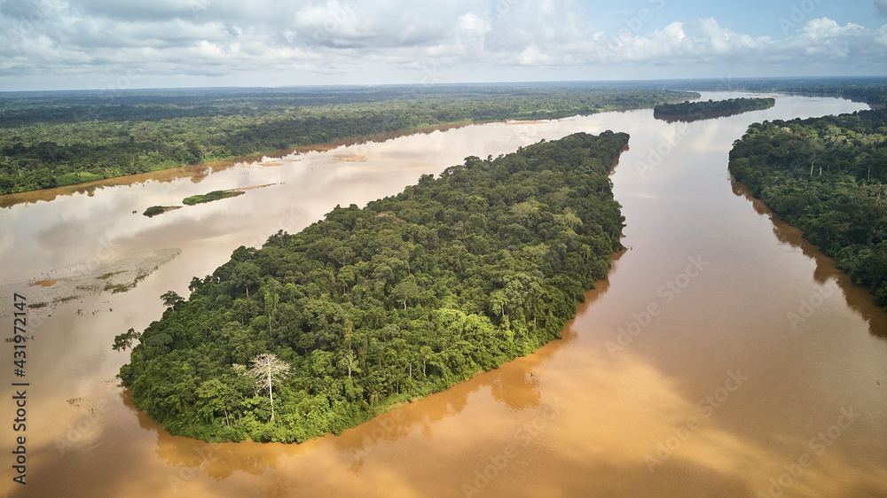 Cameroon, Aerial view of Sanaga river in landscape Stock Photo | Adobe ...