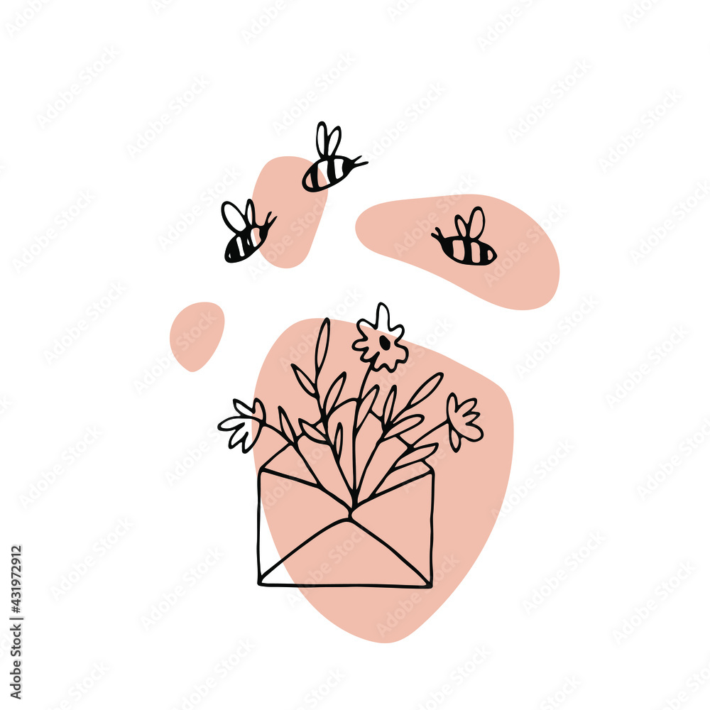 Vector envelope with flowers and bees. Linear hand drawn illustration ...