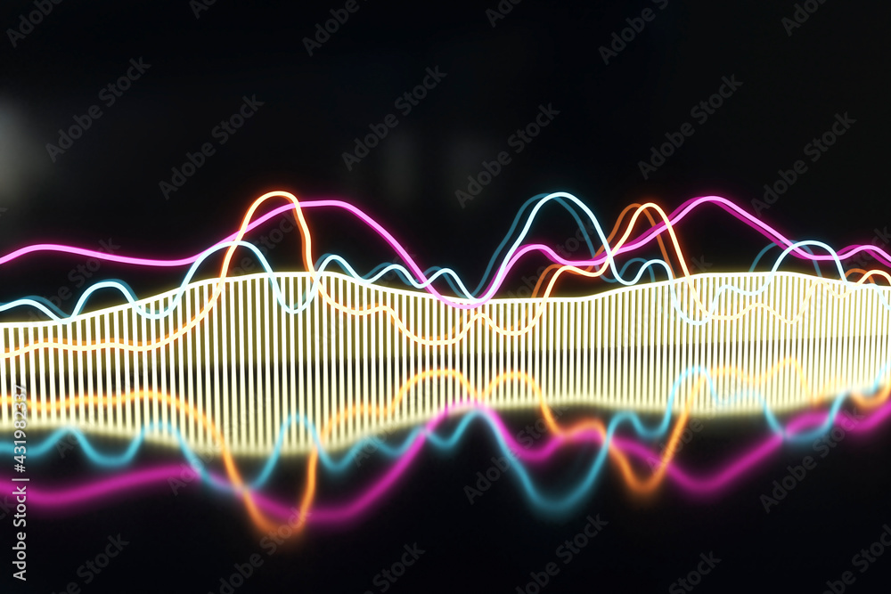 Illuminated colorful frequency pattern against black background Stock ...