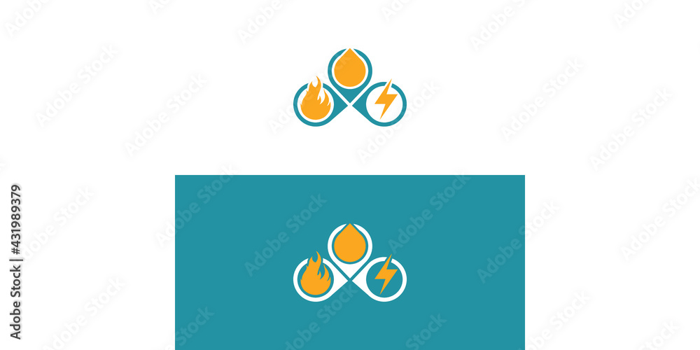 Fire, water and electricity icons in local pin on white and blue ...