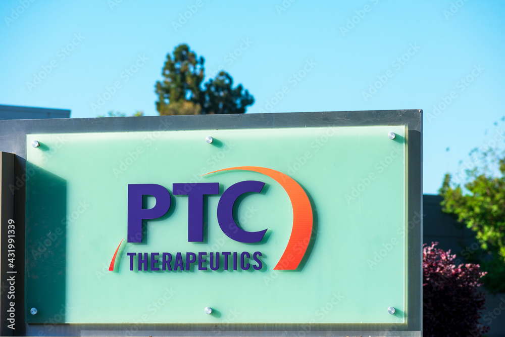 PTC Therapeutics sign, logo at pharmaceutical company office ...