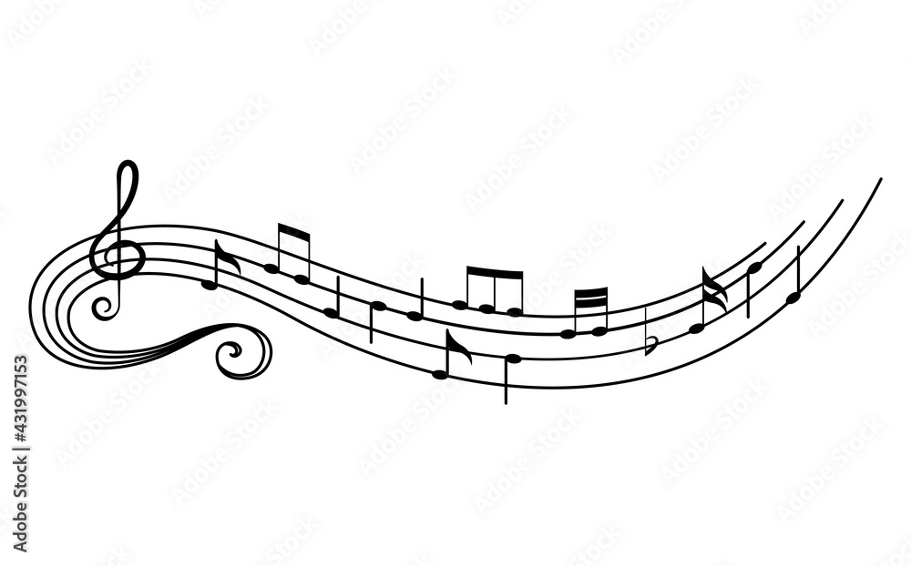Music notes on staves. Music staff black notes symbols in rounded ...