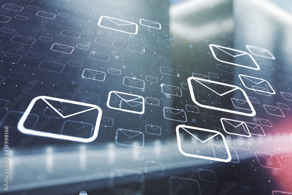 Abstract virtual postal envelopes illustration on blurry modern office ...