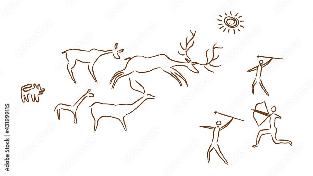 Prehistoric people hunt deer cave paintings. Primitive hunters with ...