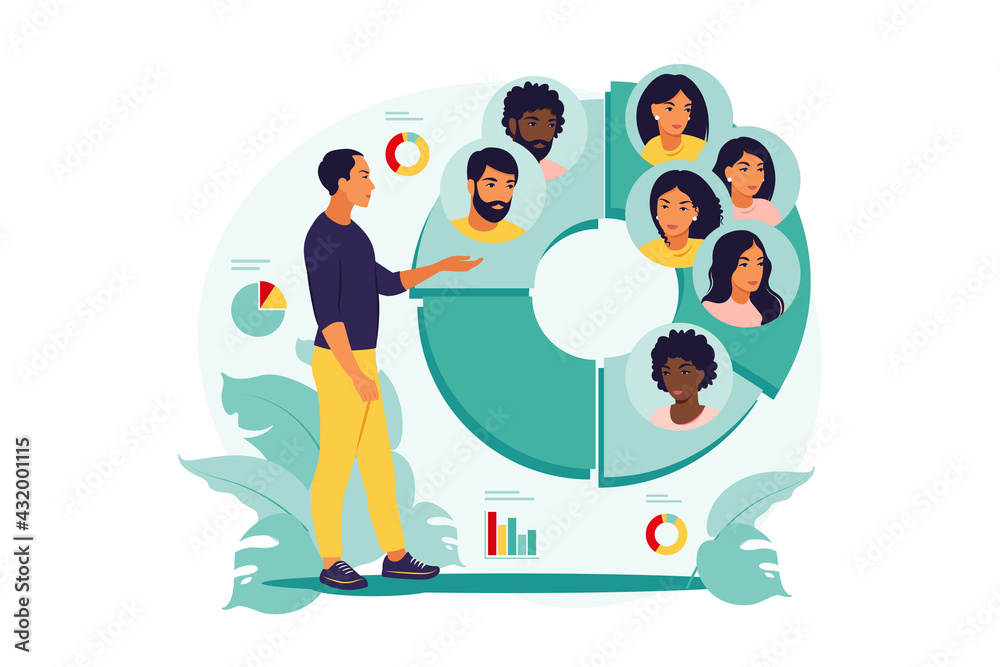 Audience segmentation concept. Man near a large circular chart with ...