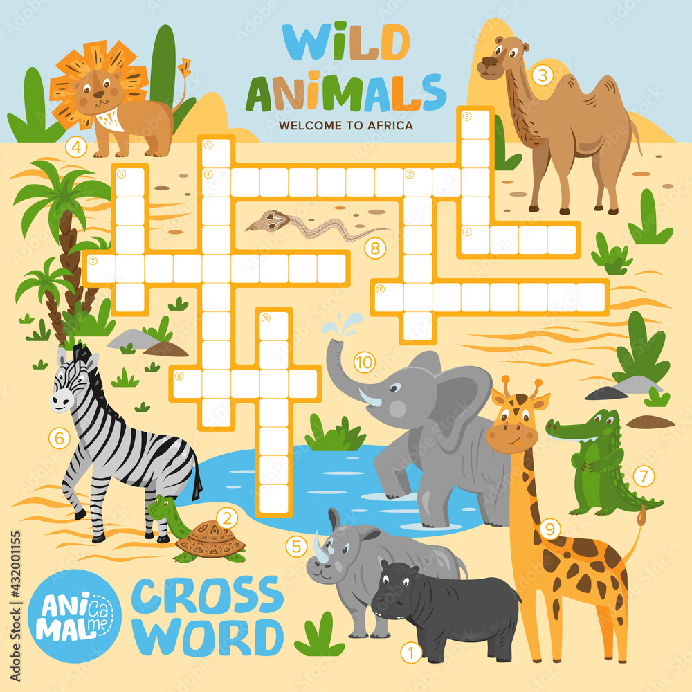 Printable crossword with african animals. Educational game for kids ...