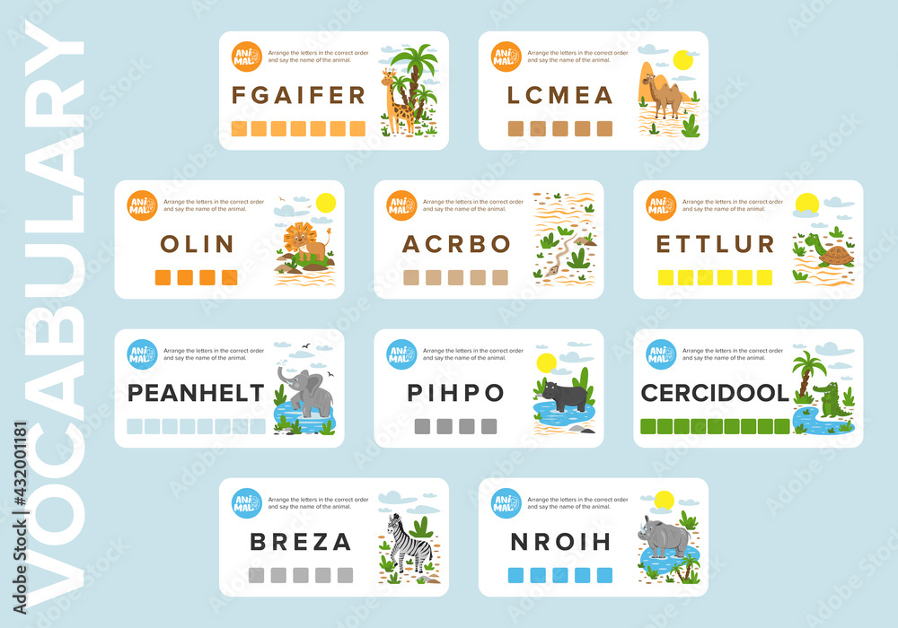 Vocabulary cards for for learning English and animals of Africa ...