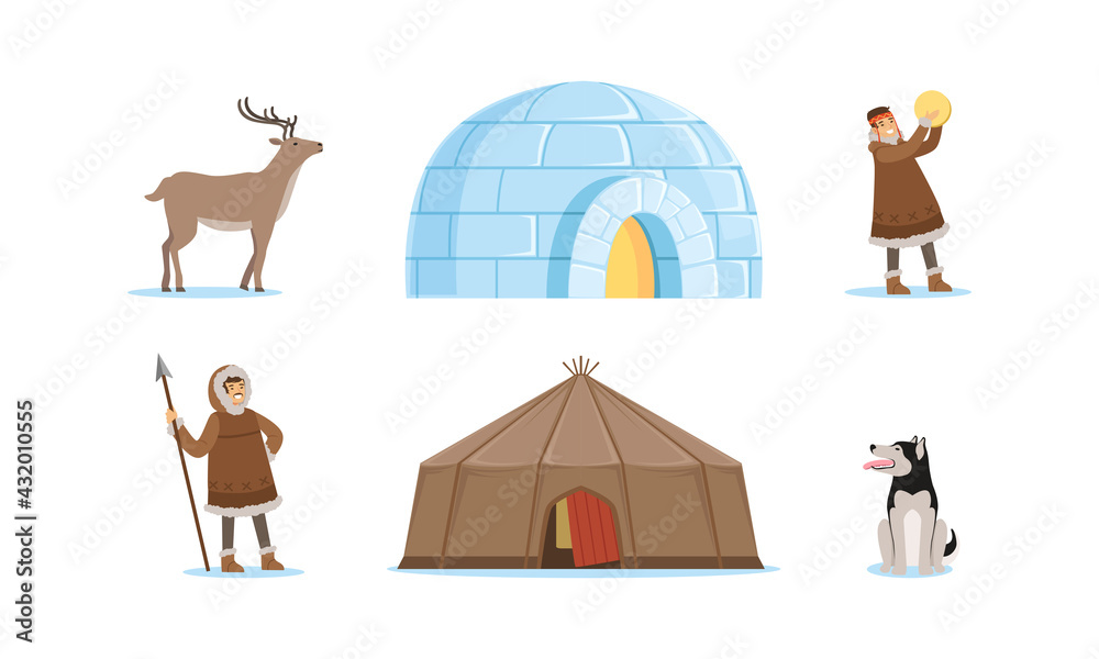 Eskimo Characters in Traditional Clothing and Arctic Animals Vector Set ...