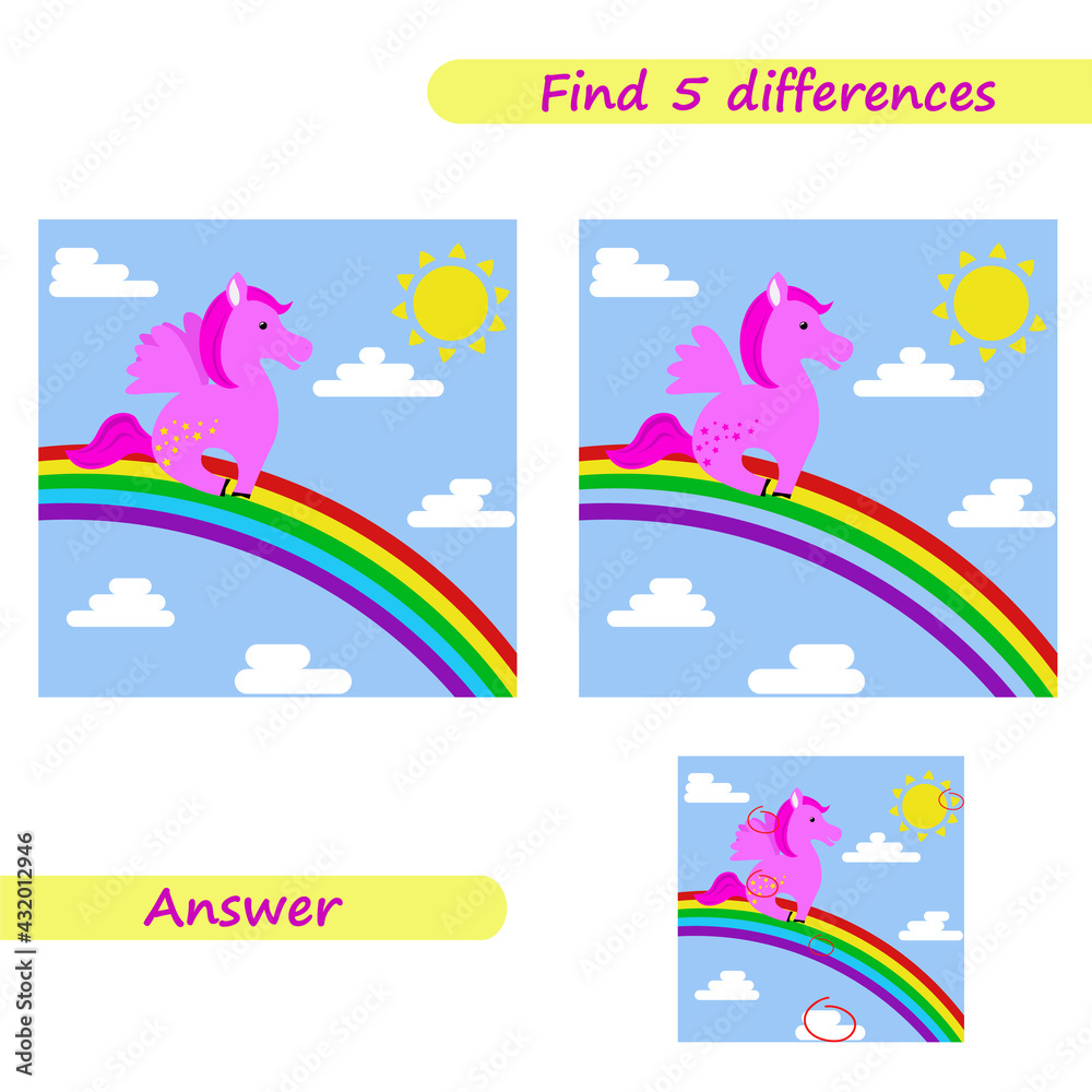 Spot the difference for kids. Vector game find 5 differences. Pegas for ...