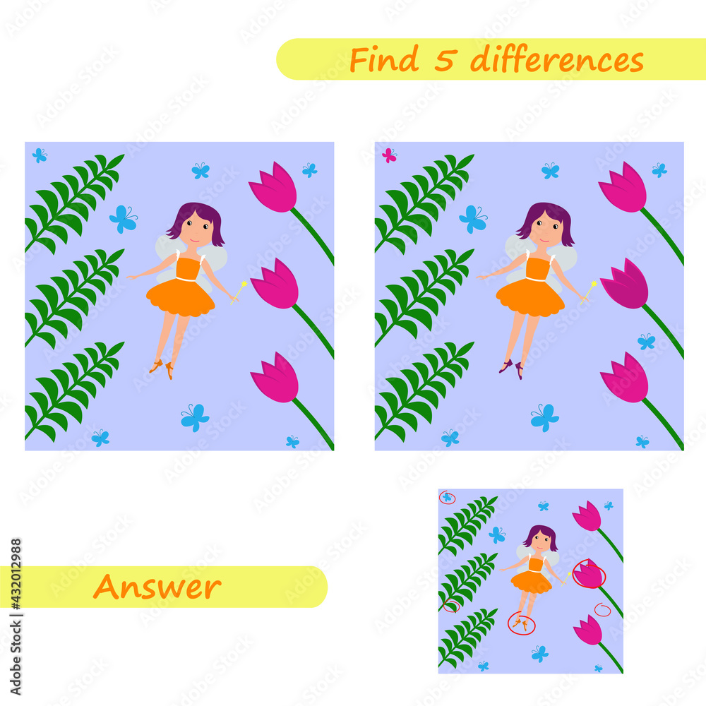 Spot the difference for kids. Vector game find 5 differences ...