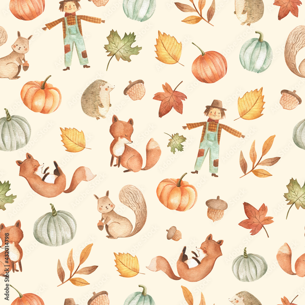 Autumn Fall woodland baby animals seamless pattern tile with leaves ...