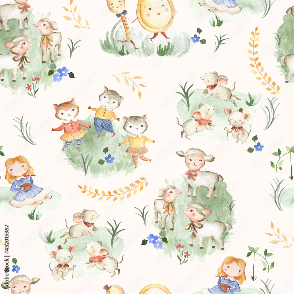Nursery Rhyme animals watercolor illustration seamless pattern tile for ...