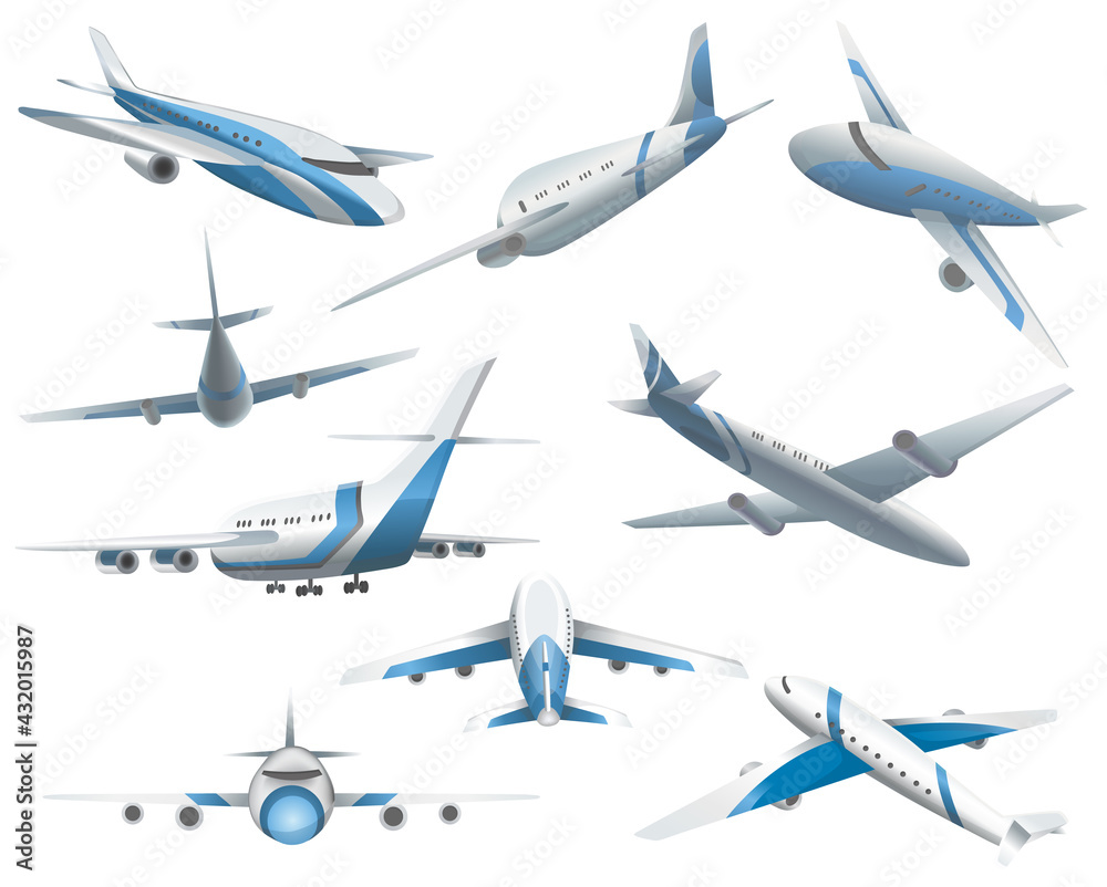 Set of airplanes in different positions for commercial aviation fleet ...