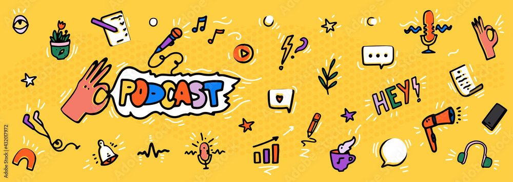 Podcast banner with logo and hand drawn design elements in doodle ...