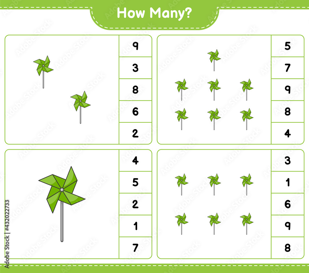 Counting game, how many Pinwheels. Educational children game, printable ...