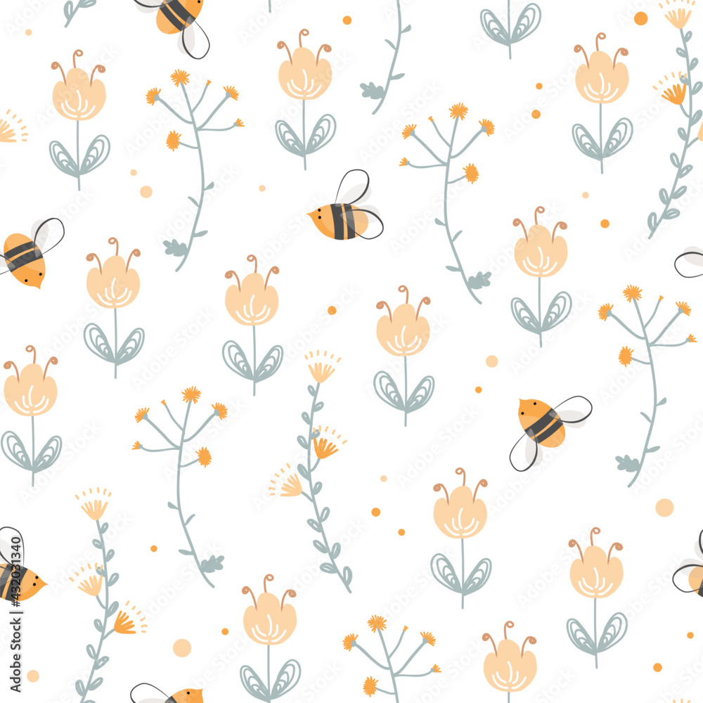 Vector seamless pattern with cute bee and doodle flowers. Vintage hand ...