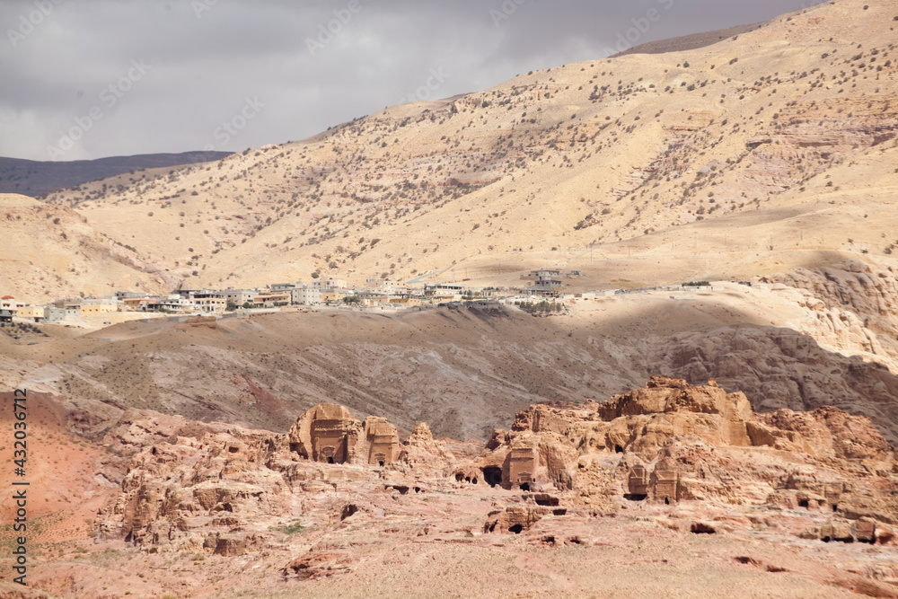Ruins of Petra, Jordan with the (resettled) Bedouin village of Umm ...
