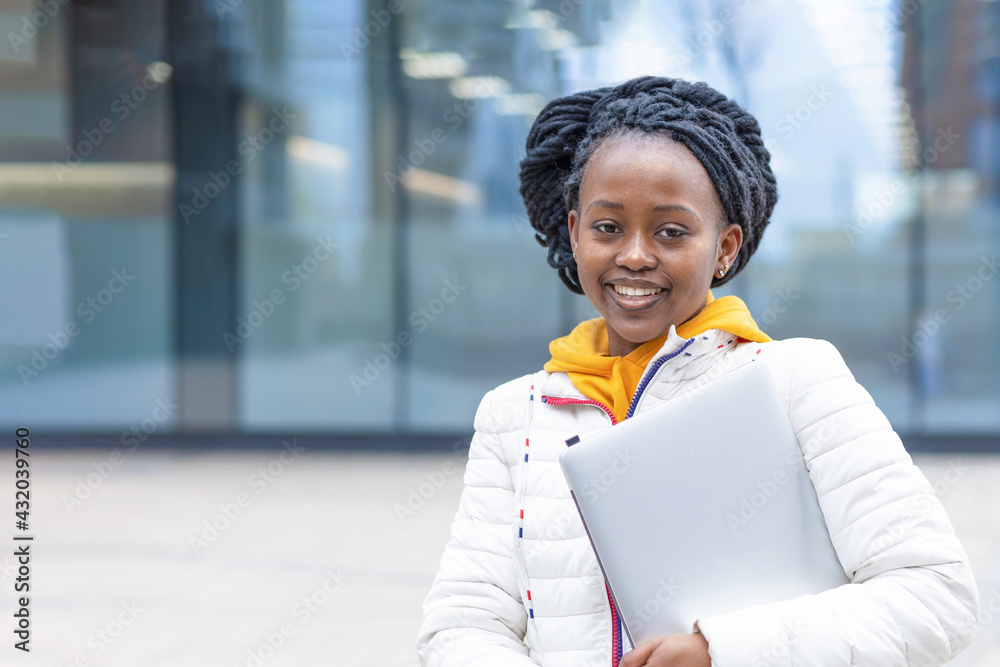 African american black female girl student remote studing, working ...