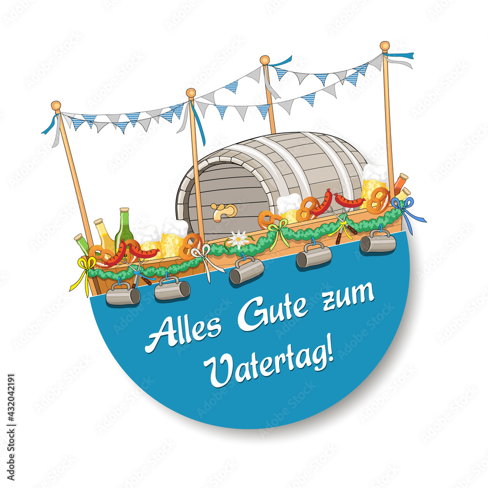 Grußkarte zum Vatertag, Geschmückter Bollerwagen mit Bierfass ...