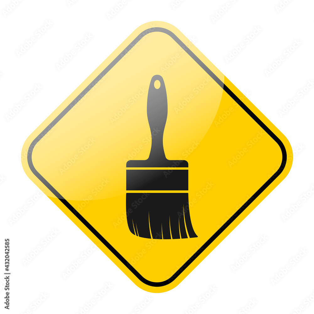 Wet paint warning sign. Yellow road sign with black paint brush icon ...