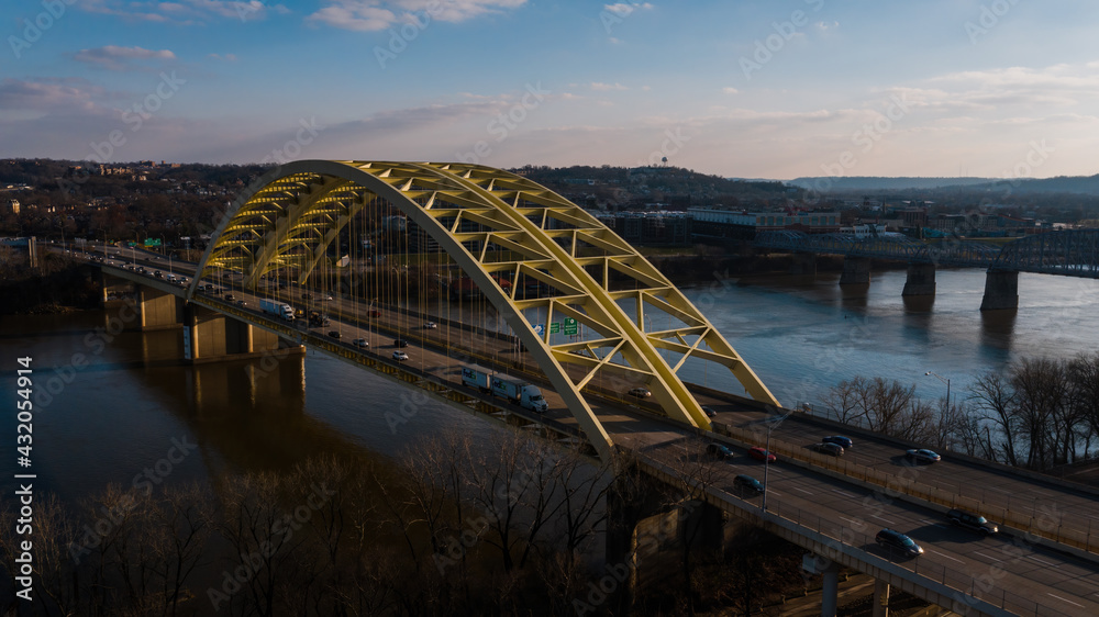 Aerial of Daniel Carter Beard Arch Bridge - Twin Yellow Arch Crossing ...