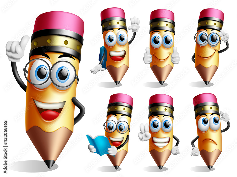 Pencils character vector set. Pencil 3d characters in thinking and ...