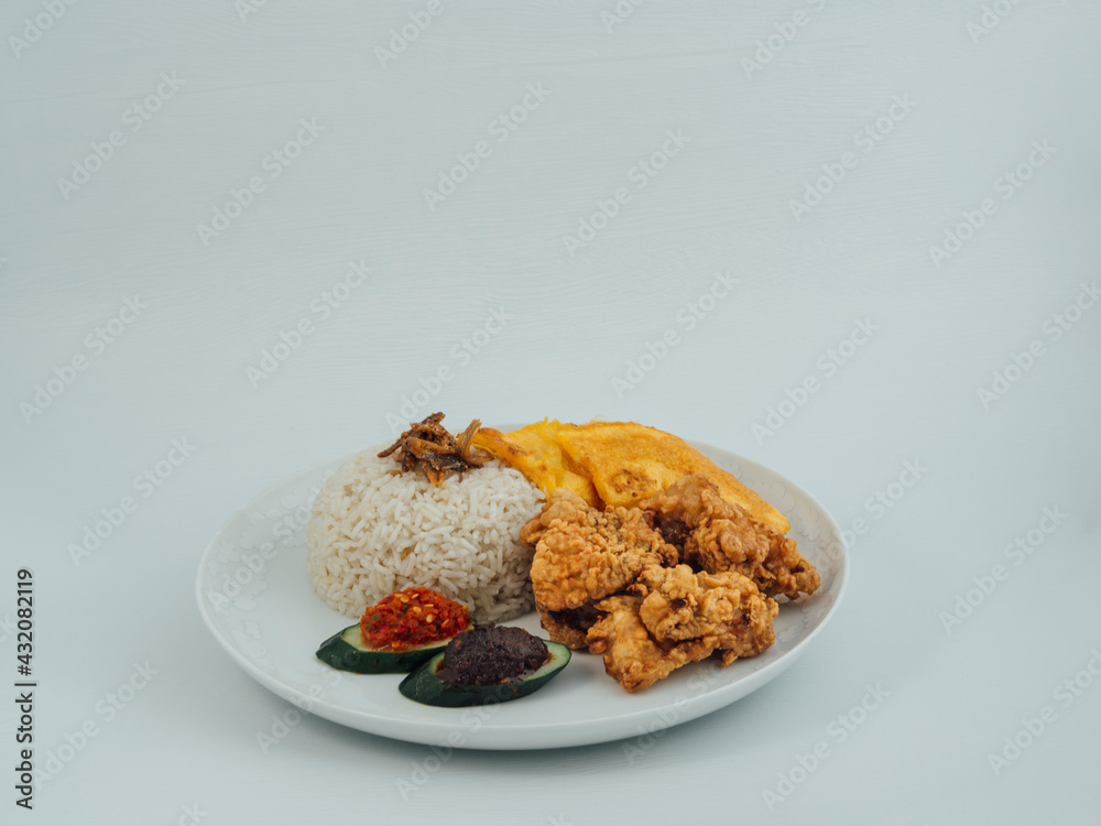 Nasi Lemak Asian Coconut Rice with Side Dishes Sambal Chilli deep fried ...