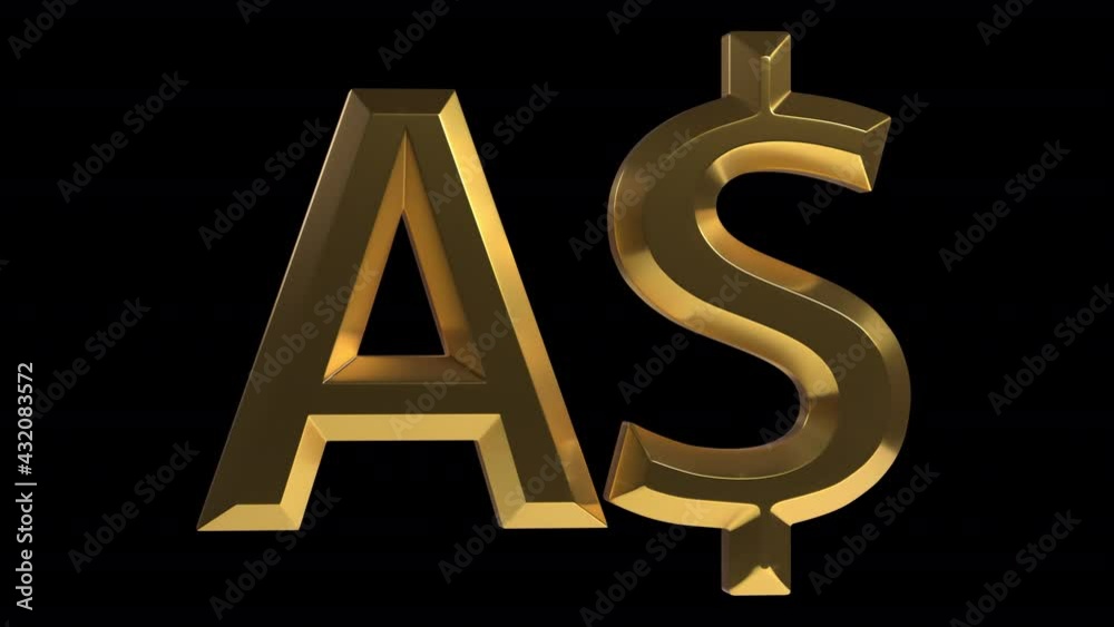 AUD Australian Dollar Rotating Sign. Gold symbol on a transparent ...