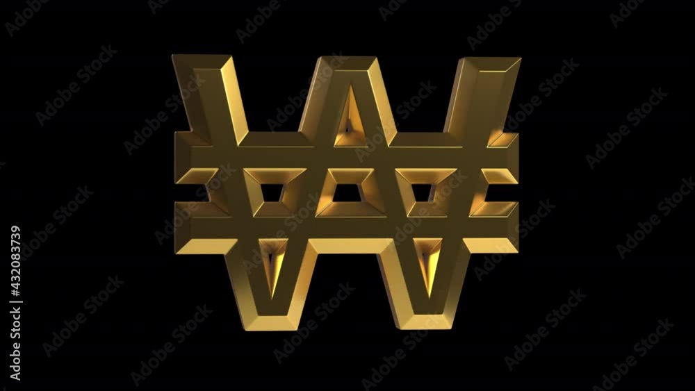 KRW South Korean Won Rotating Sign. Gold symbol on a transparent ...
