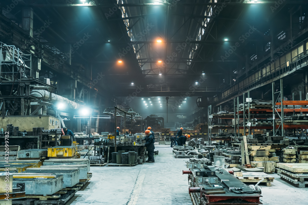 Steel Factory with workers in process of work, industrial interior ...