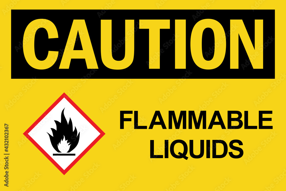 Flammable liquids caution sign. Black on yellow background. Flammable ...