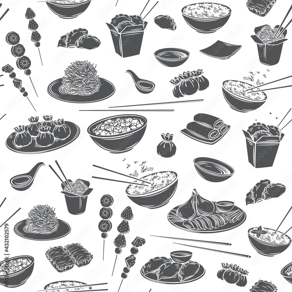 Chinese cuisine seamless pattern vector monochrome background. Asian ...