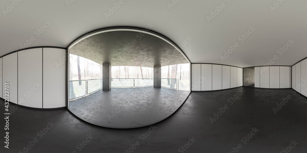 full 360 panorama shot of modern open building interior with forest ...