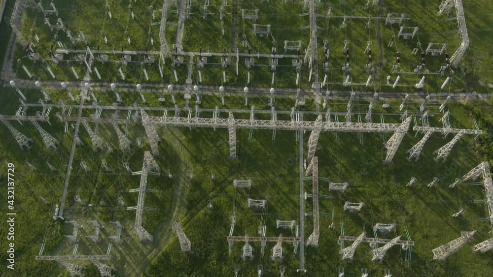 Flying over electrical substation: transformers and grid of pylons ...
