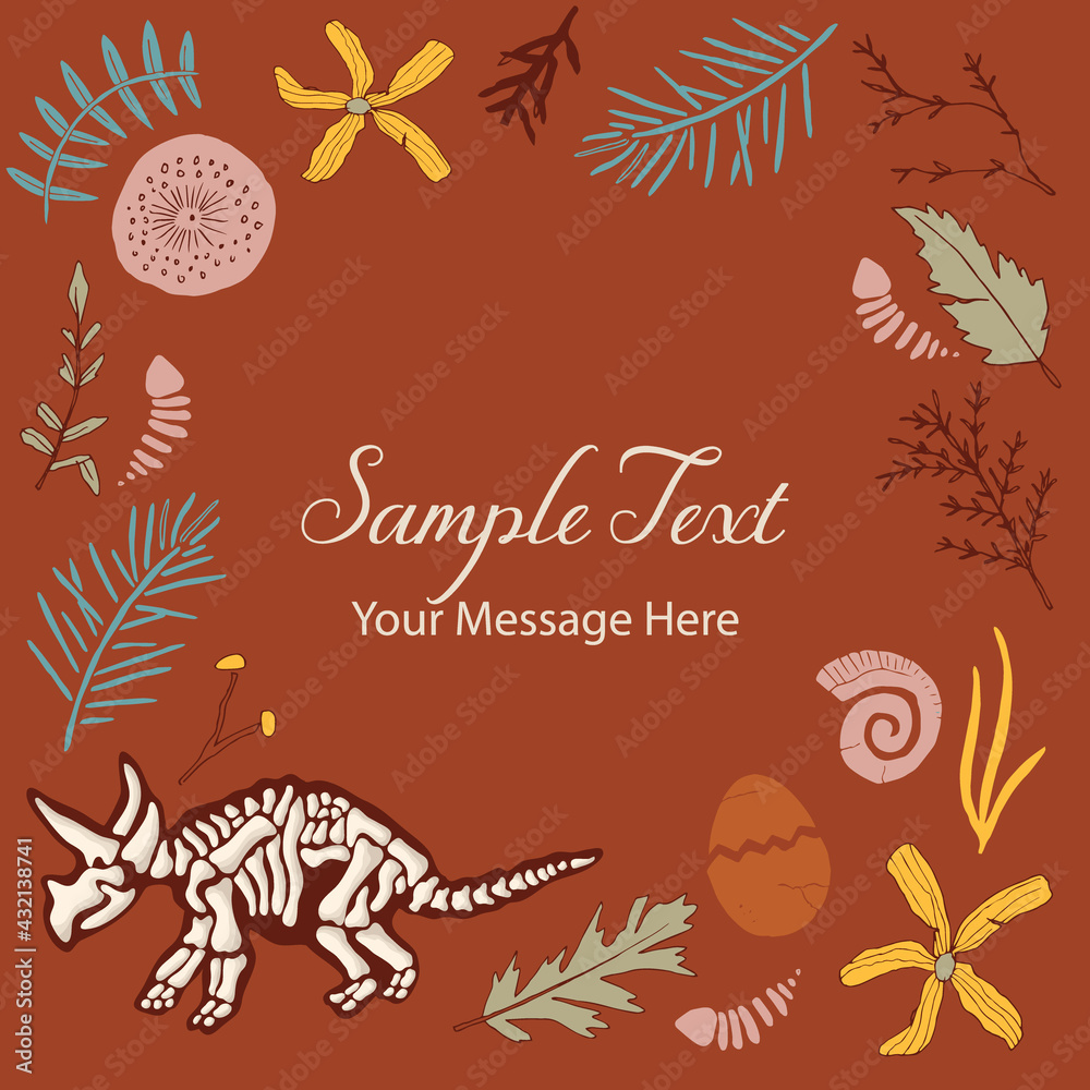 Dinosaur Skeleton and Other Botanical Fossils vector Frame Background ...