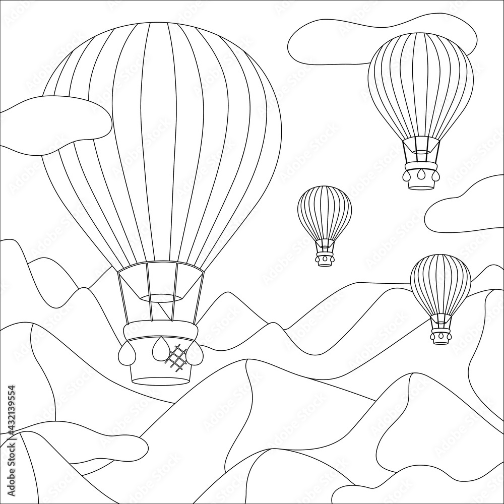Coloring page with hot air balloons flying over the mountains and happy ...