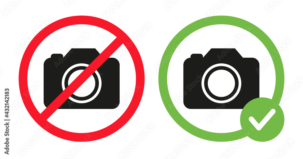 Camera icons in crossed out red circle and photo camera in green circle ...