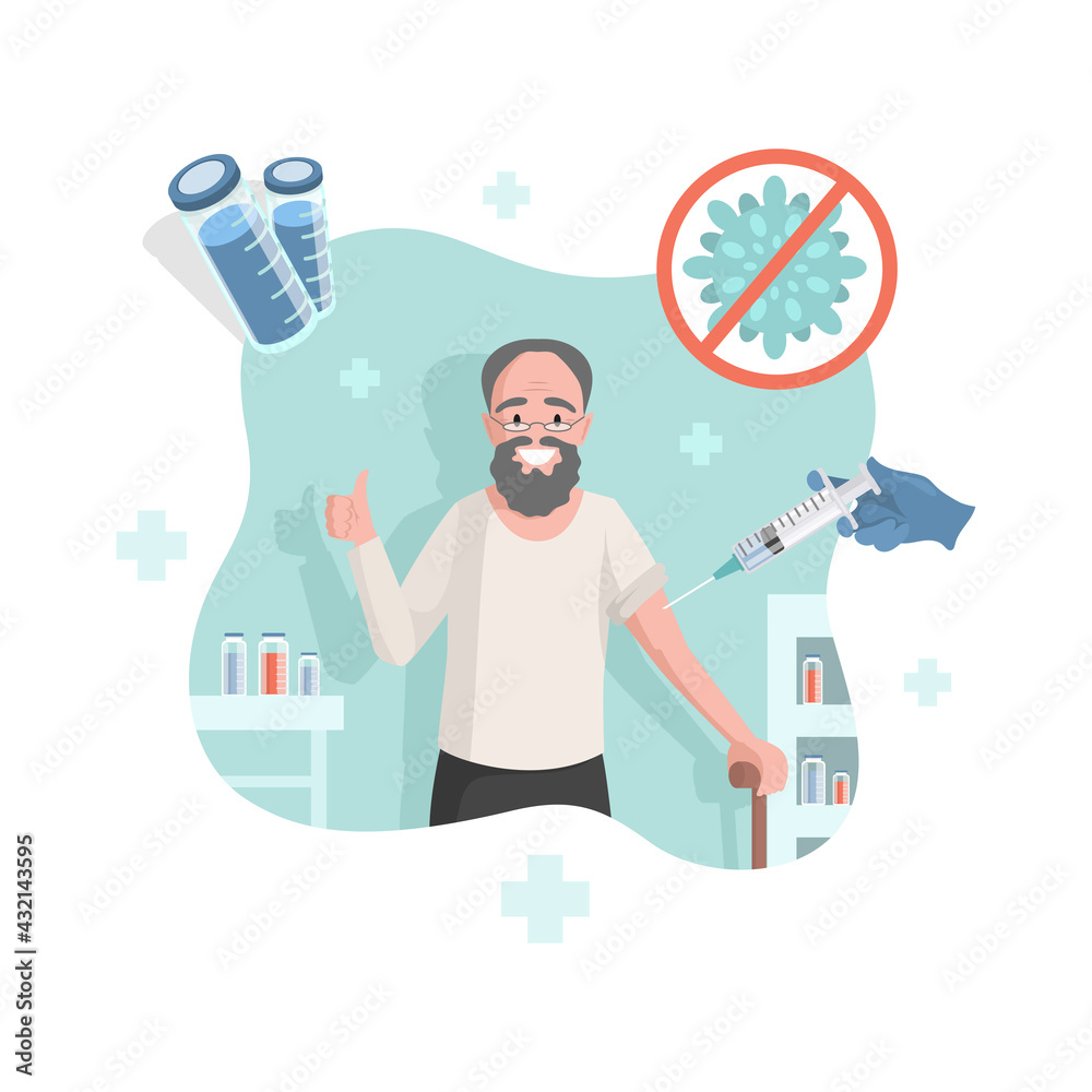 Vaccination of happy smiling old man against different diseases vector ...