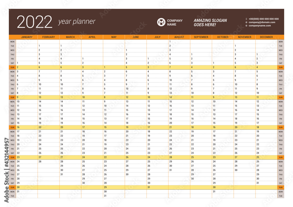 Calendar yearly planner template for 2022. Printable template. Week ...