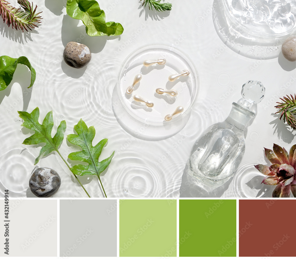 Color matching palette from water background with splashes, cosmetic ...