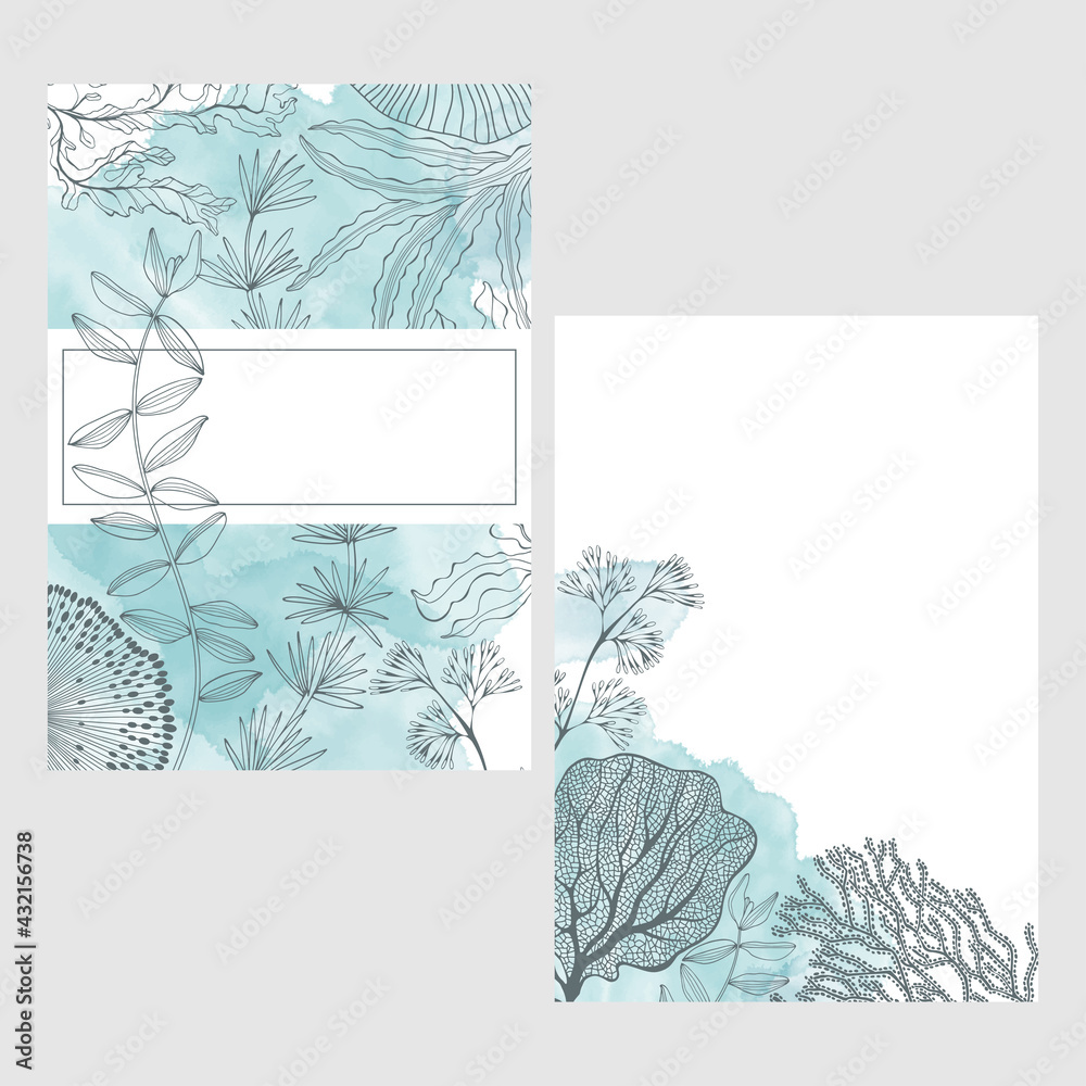 Pre-made design on the marine theme with seaweed , watercolor spots and ...